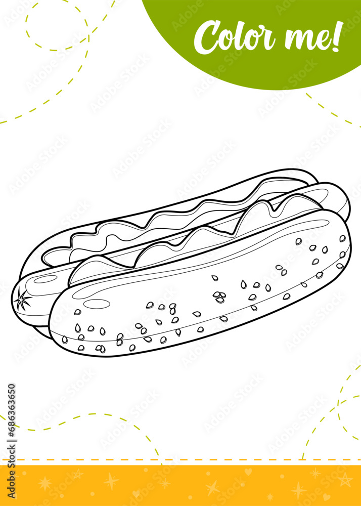 Coloring page for kids with hot dog. A printable worksheet, vector ...
