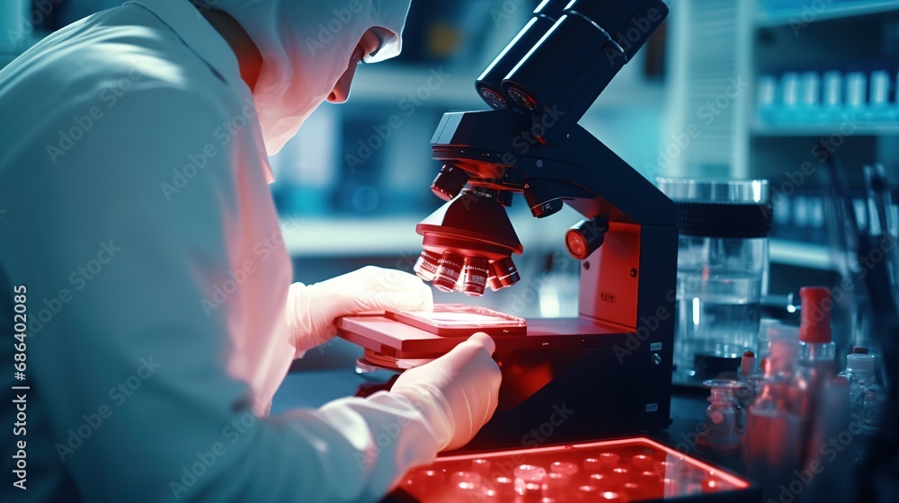 Doctor or lab technician dripping human red blood on slide glass for ...