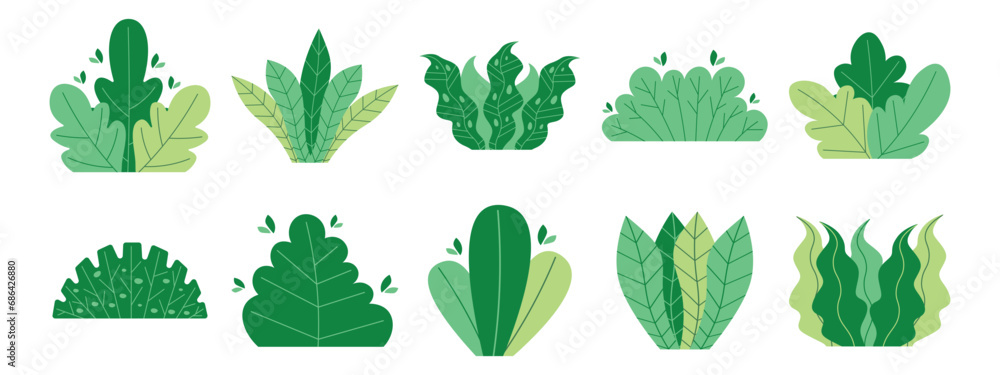 Set of cute bushes in flat style. Collection green bushes plants ...
