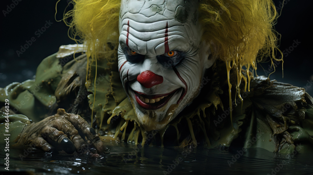 Evil clown in vat of green slime creepy and scary. Concept of ...
