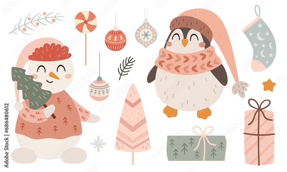 Pink Christmas clipart with cute Snowman, penguin, Christmas tree ...