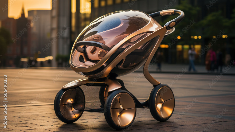Futuristic autonomous baby stroller on city pavement, reflecting ...