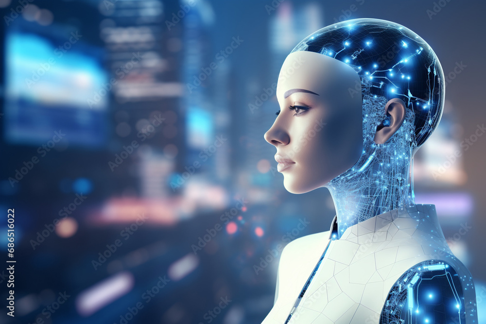 The detailed side view of a hyper realistic humanoid female robotic ...
