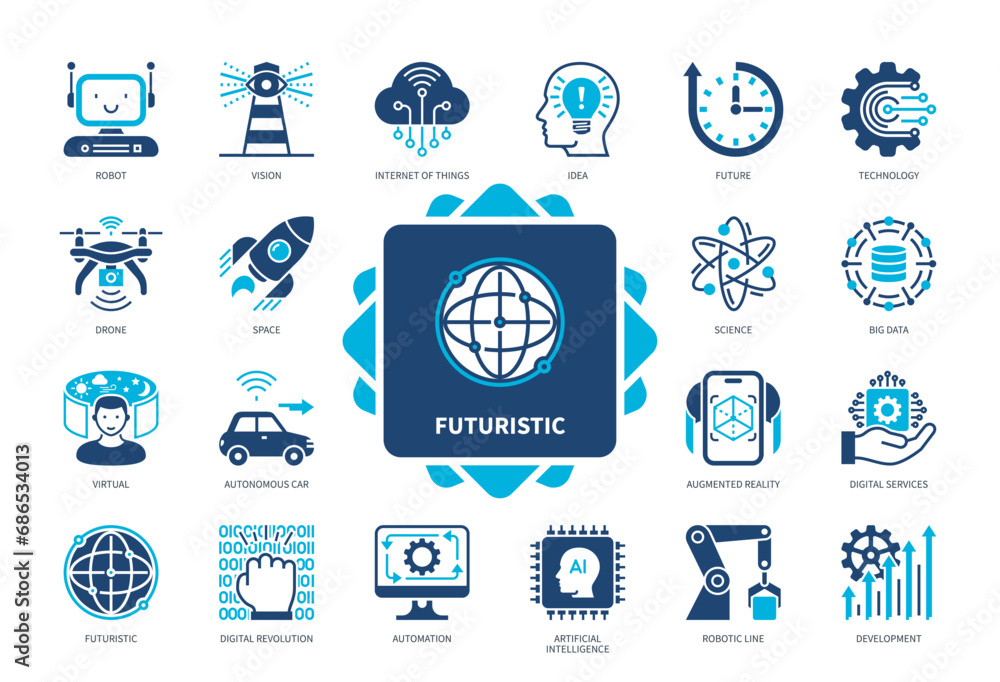 Futuristic icon set. Technology, Big Data, Artificial Intelligence ...