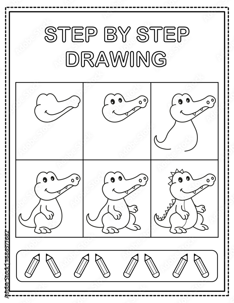 Crocodile. Book page, drawing step by step. Black and white vector ...