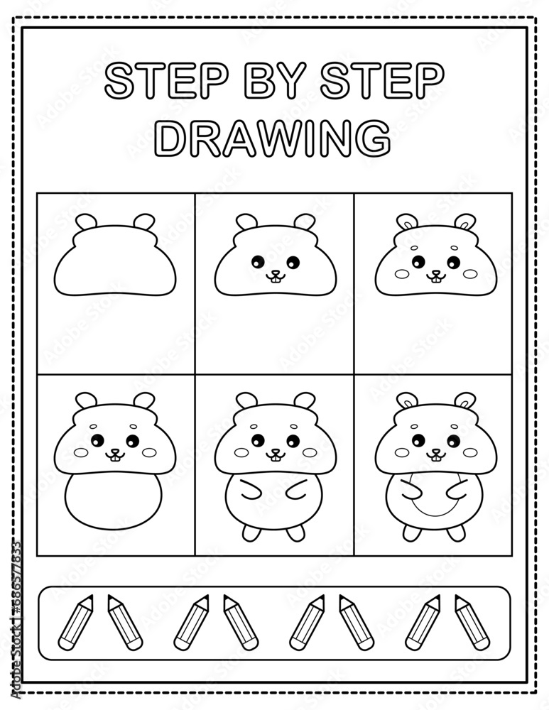Hamster. Book page, drawing step by step. Black and white vector ...