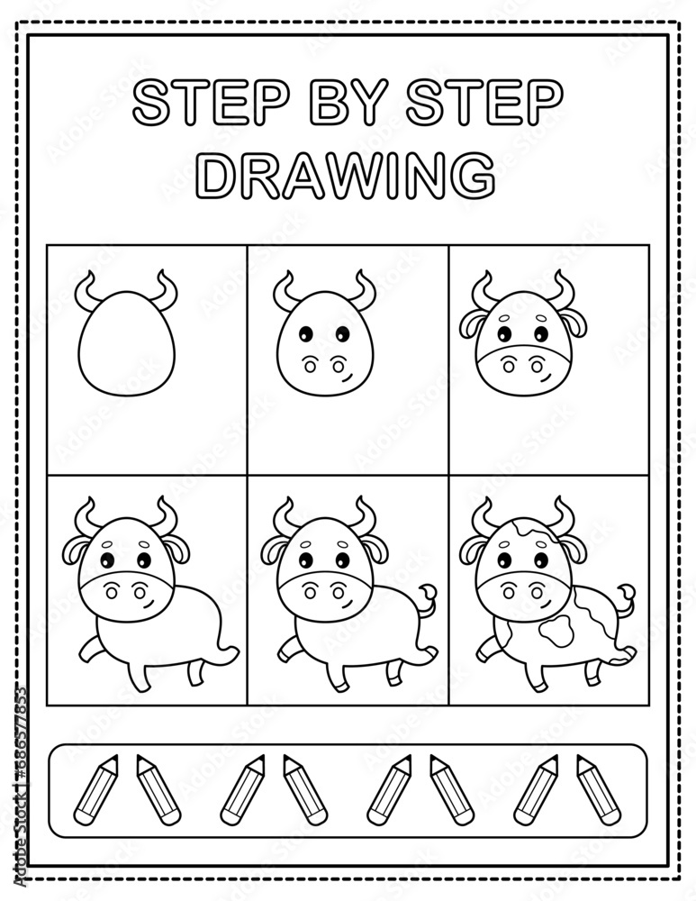 Bull. Book page, drawing step by step. Black and white vector coloring ...