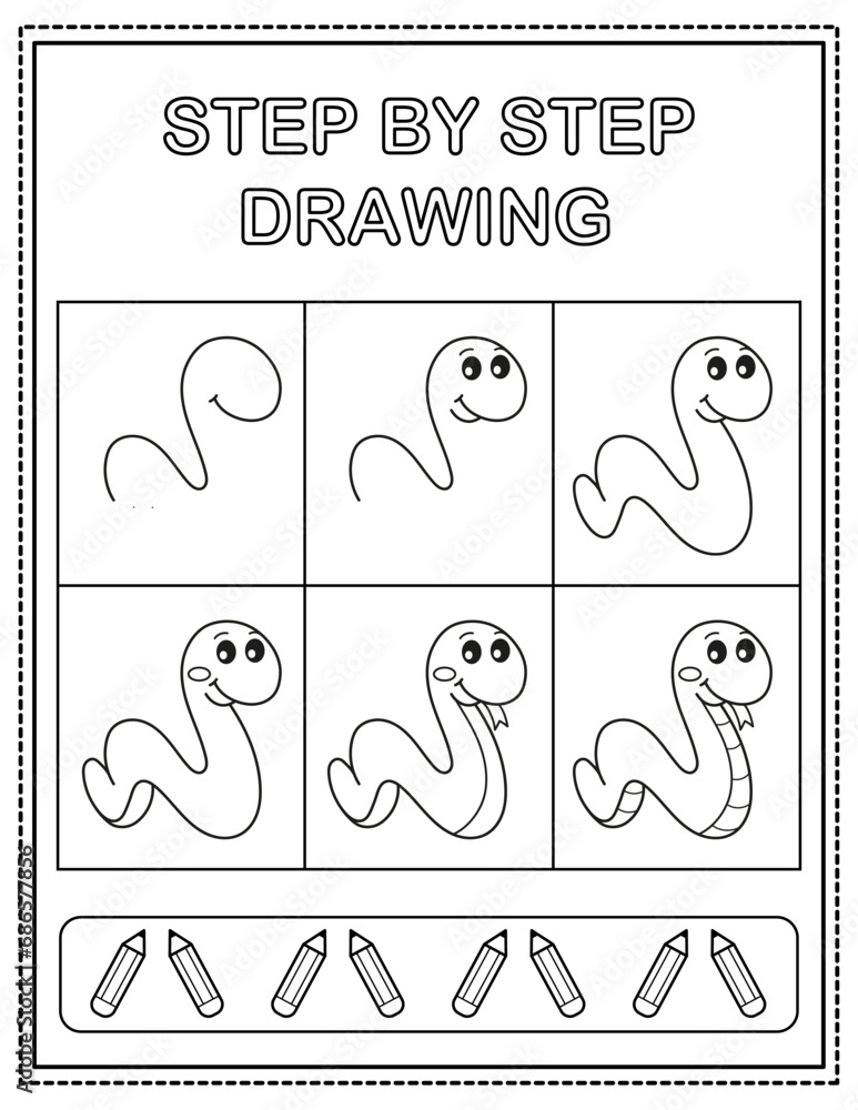 Image vectorielle Stock Snake. Book page, drawing step by step. Black ...