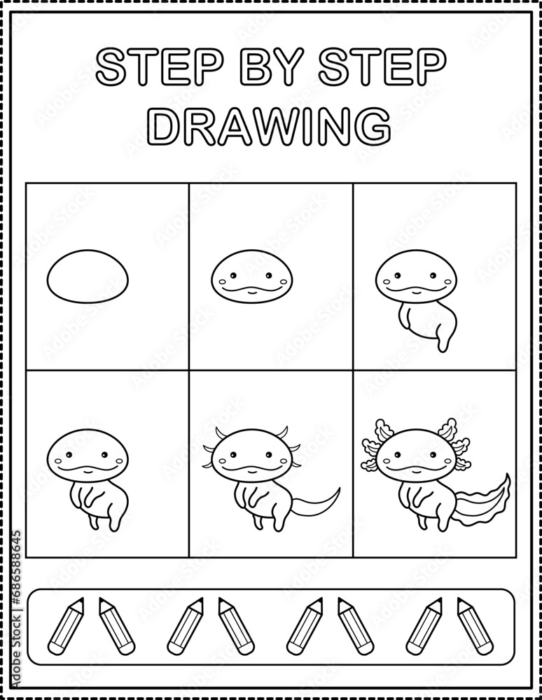 Axolotl. Book page, drawing step by step. Black and white vector ...
