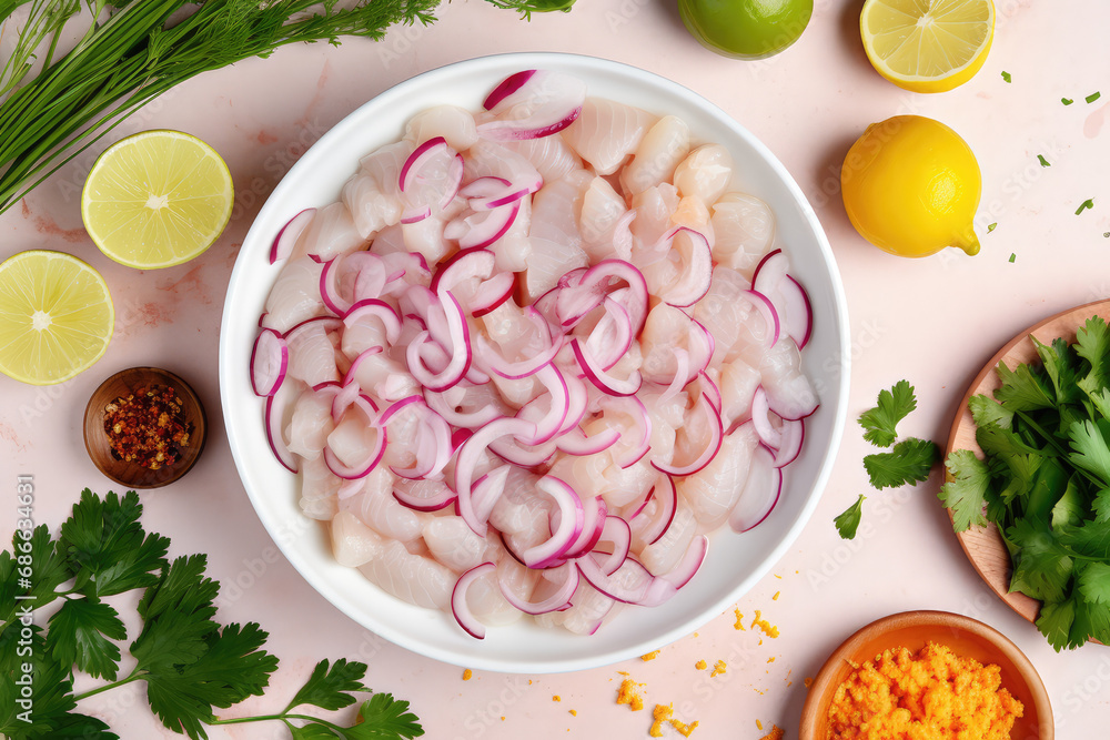 Ceviche with lime, lemon, chili pepper, onion, fish, coriander on a ...