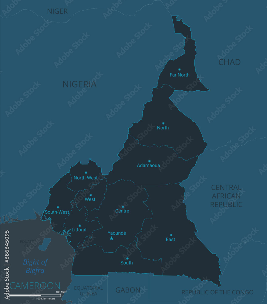 Cameroon map. High detailed map of Cameroon with countries, borders ...