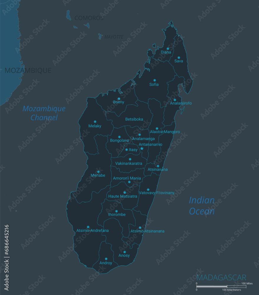 เวกเตอร์ Stock Madagascar map. High detailed map of Madagascar with ...