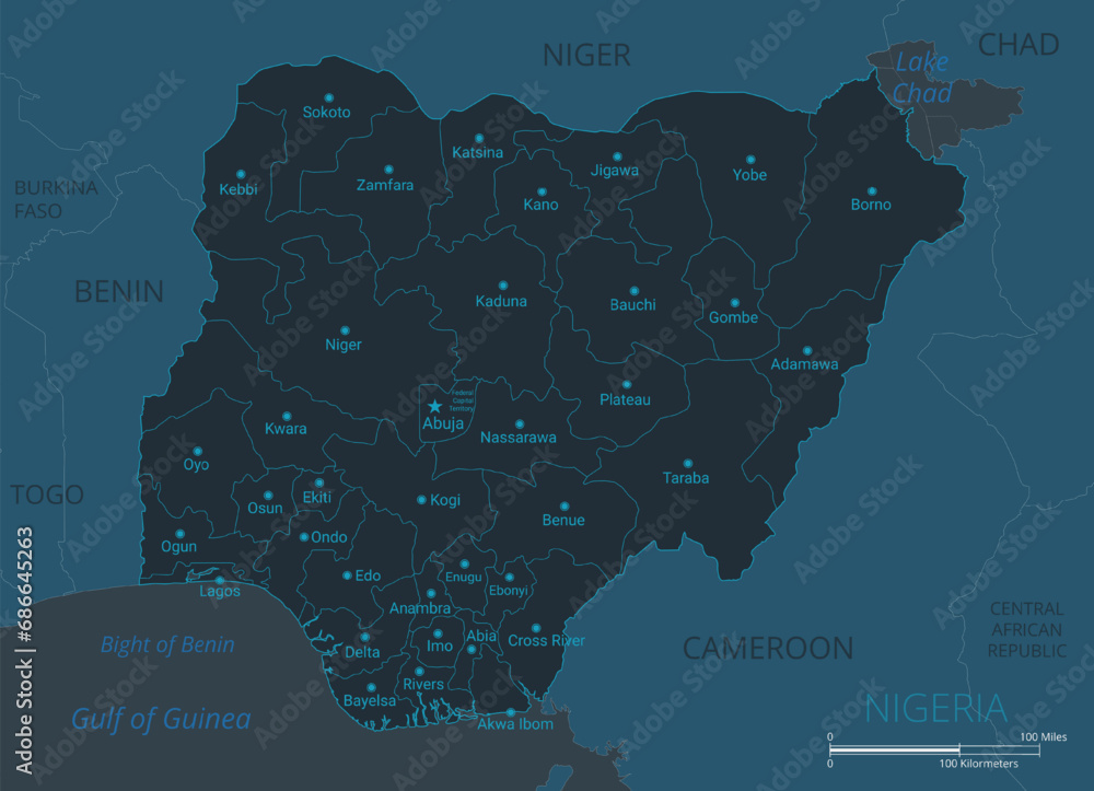 Nigeria map. High detailed map of Nigeria with countries, borders, cities, water objects. Vector ...