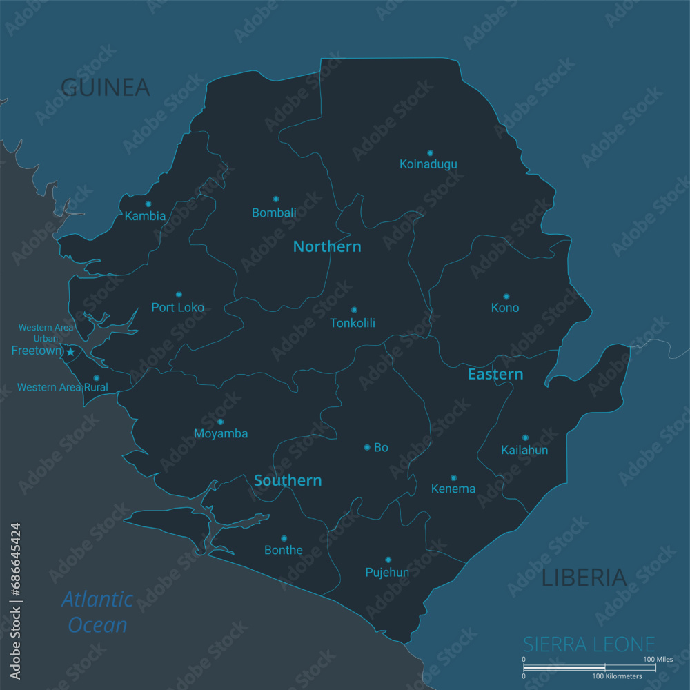 Sierra Leone map. High detailed map of Sierra Leone with countries ...