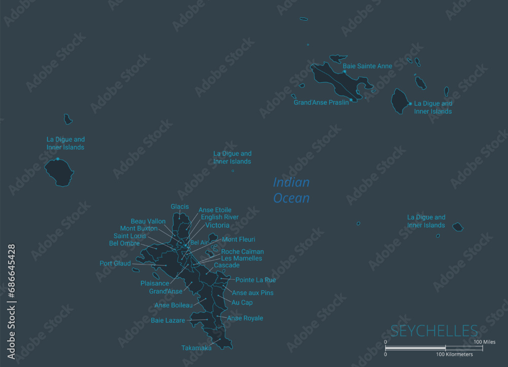 Seychelles map. High detailed map of Seychelles with countries, borders ...