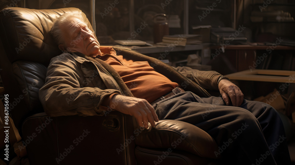 Old man sleeping in a reclining chair in the living room. Concept of ...