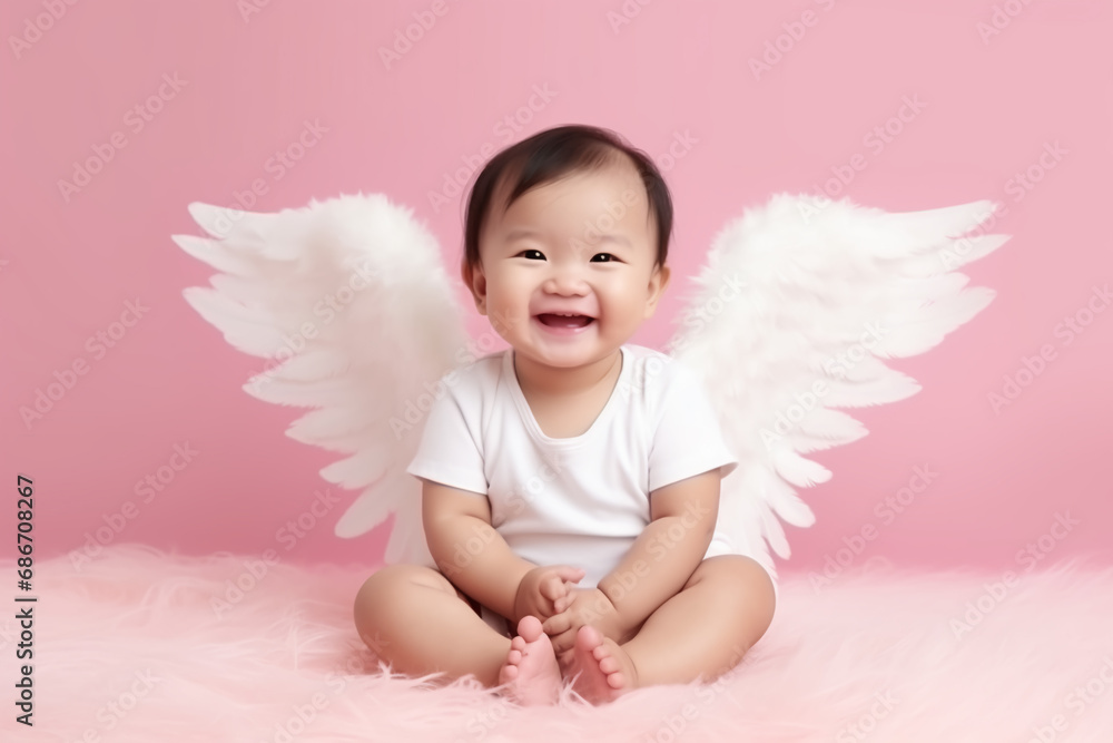 Cute asian baby with white angel wings enjoys a moment of happiness on ...
