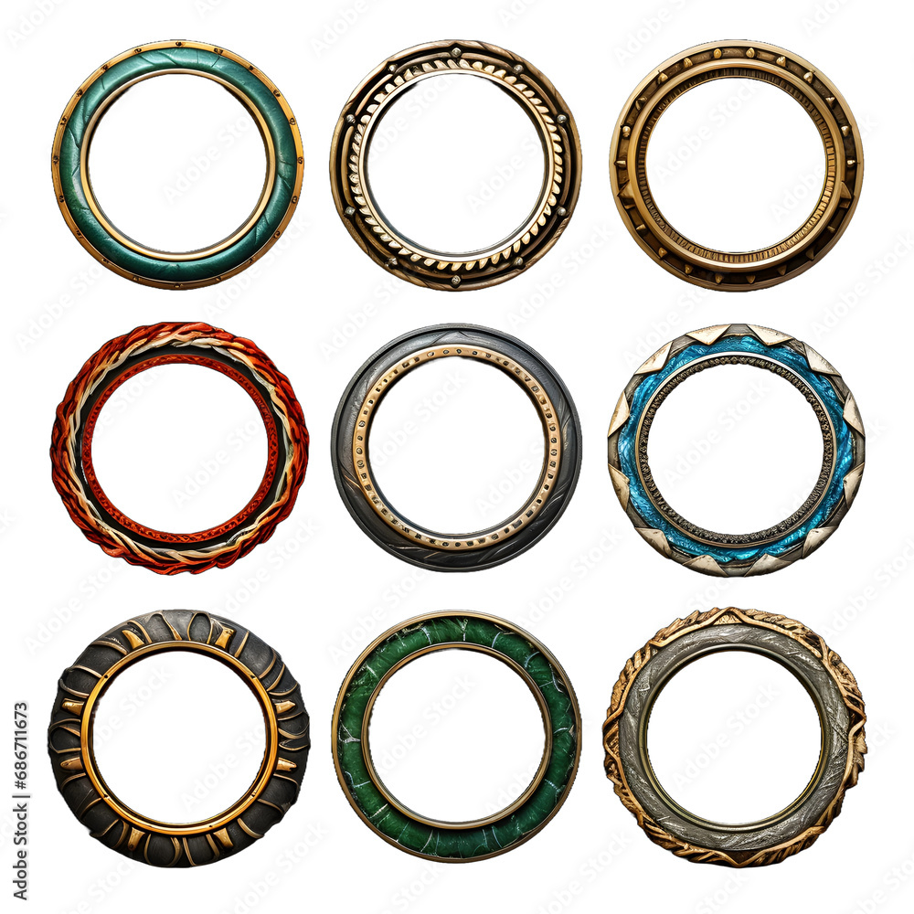 ภาพประกอบ Stock Game metal circle rank frame set. Round medieval ...