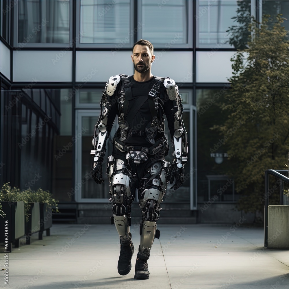 Man wearing high tech exoskeleton. Great for stories on robotics ...