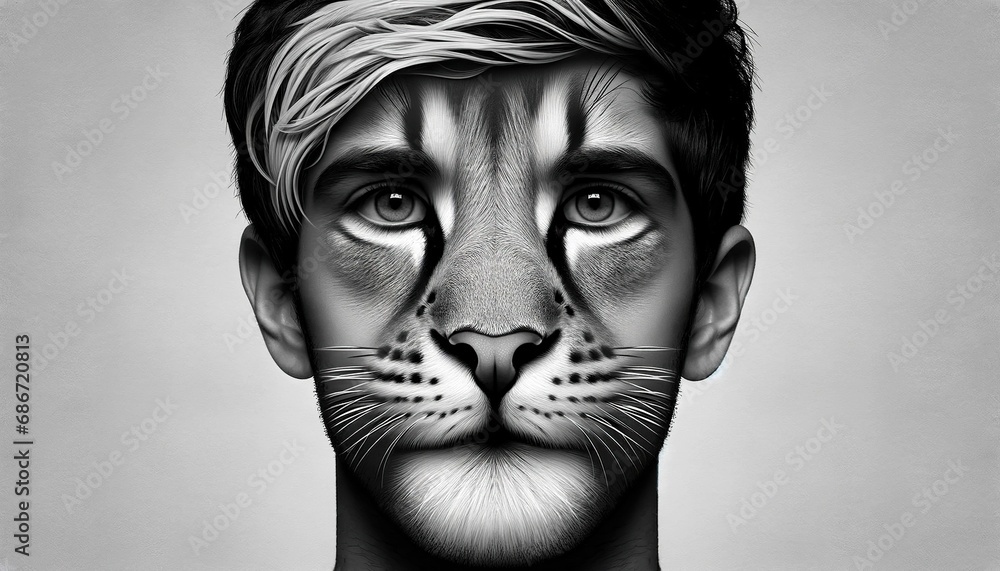 Surreal portrait merges human with feline, challenging the boundaries ...