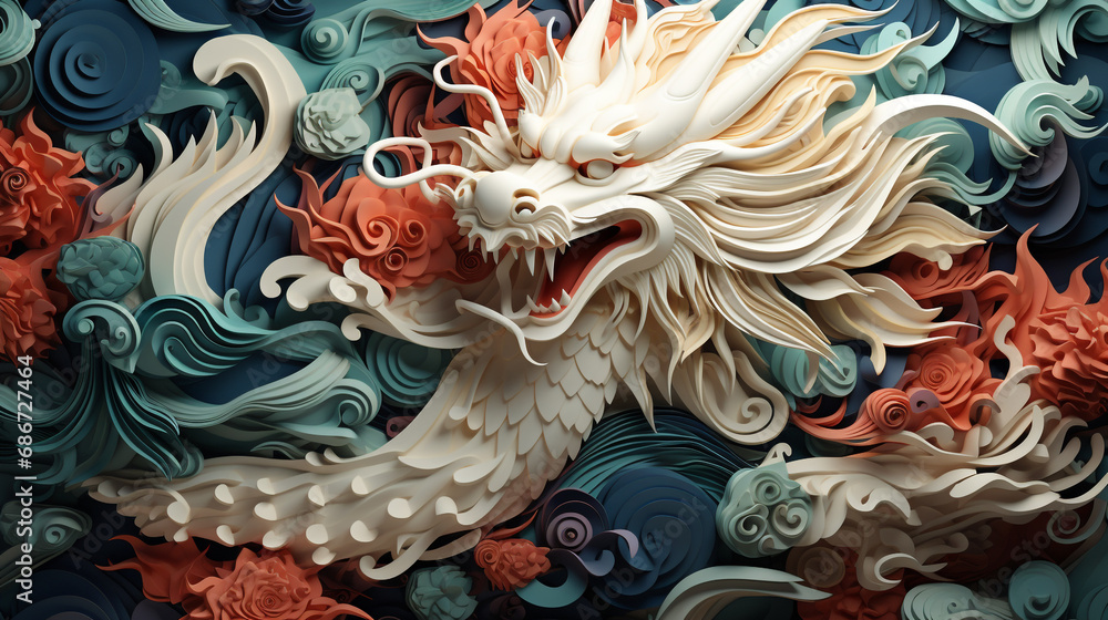 Chinese style traditional dragon illustration flying through the clouds ...