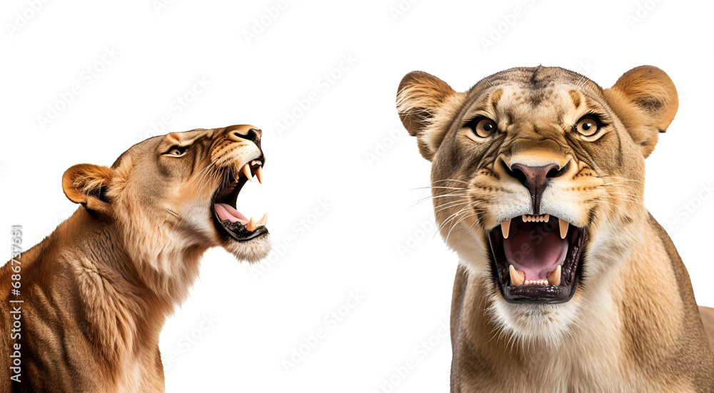 Collection of Aggressive-Looking Roaring Lioness Portraits, Isolated on ...