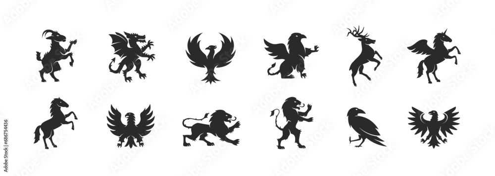 Heraldic animals set. Animals elements for Coat of Arms design ...