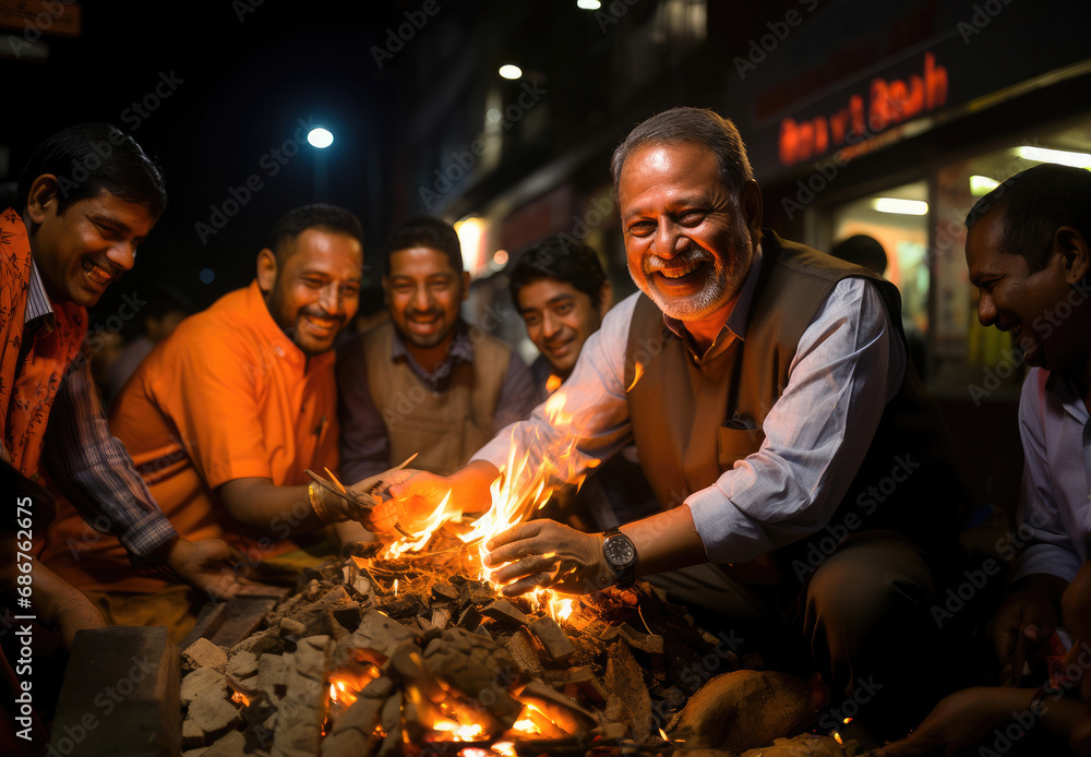 A joyful group of Indian men bonding over a warm bonfire on a lively ...