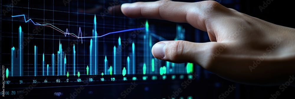 Finger touching data graph chart displayed on transparent screen ...