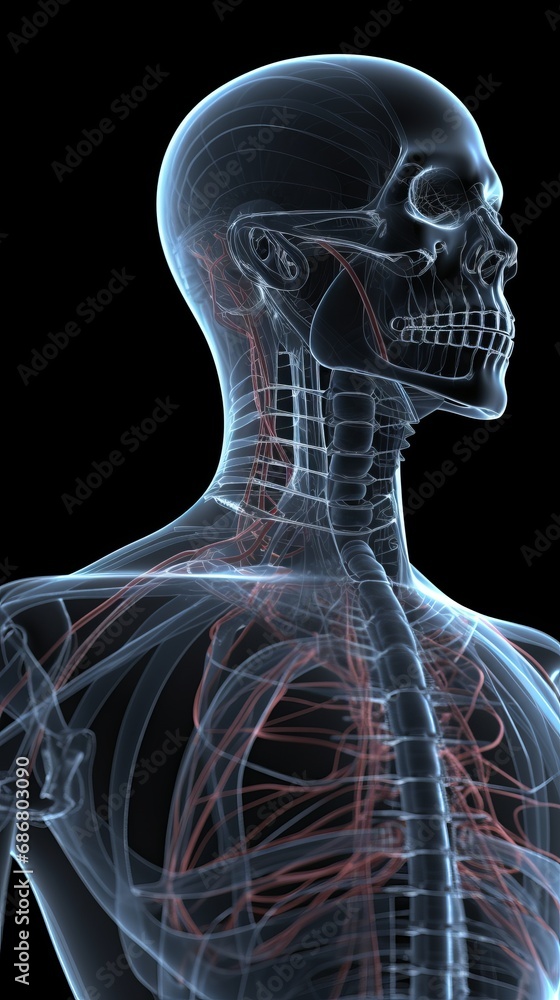 Anatomical illustration of a human skeleton with nerves, muscles, and ...