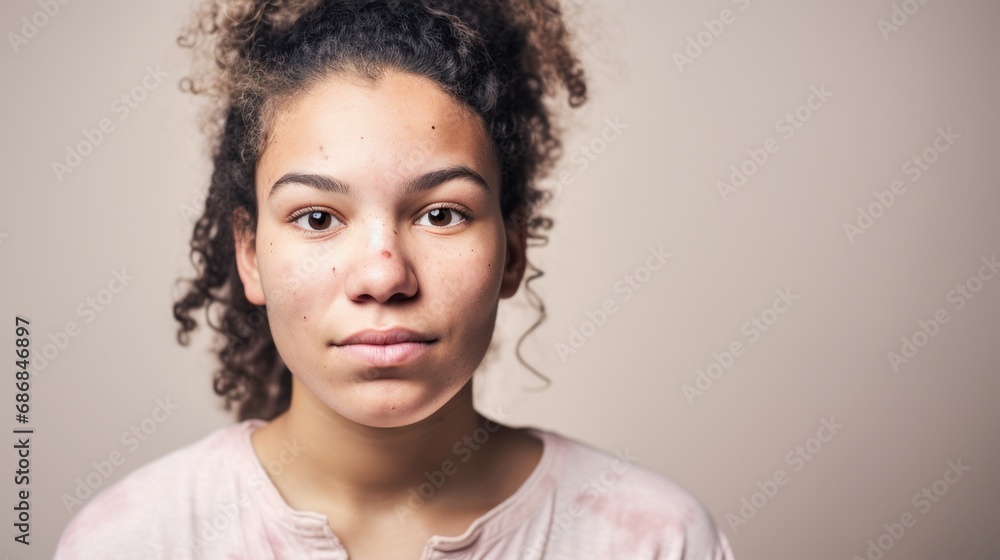 A closeup portrait of a Moroccan woman, her imperfect skin on display ...