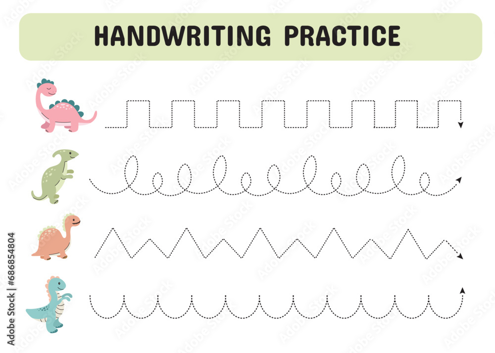Tracing lines for children. Handwriting practice with cartoon dinosaurs ...