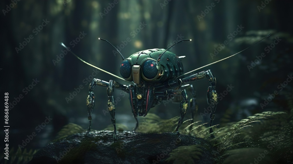 Metal mechanical cyborg robotic spider. Industrial robotic drone insect ...