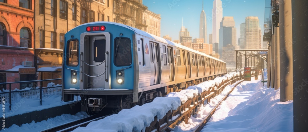 city subway train emerging from a snowy underground station, with ...