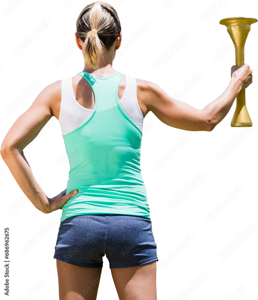 Digital png photo of caucasian woman with hand on hip and holding gold ...