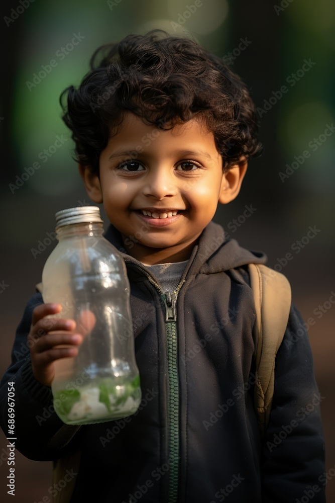 Indian child with a bottle of water. The problem of lack of clean water ...