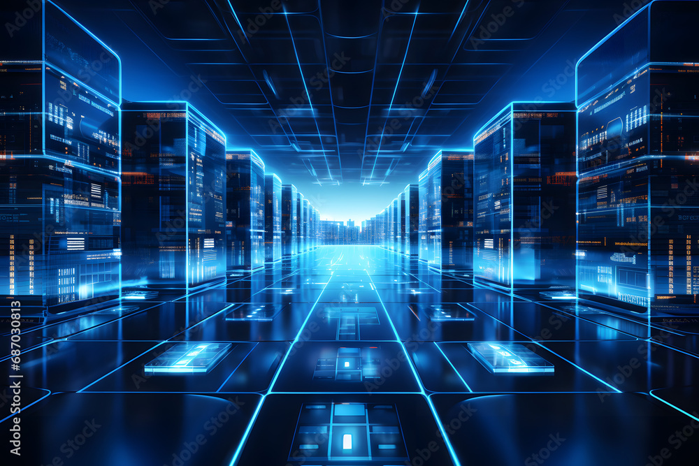 Digital technology, internet network and cybersecurity of data center isolated on white ...