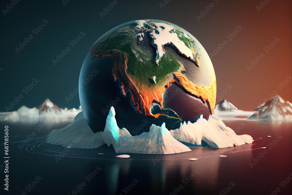 Planet Earth, part on fire and melting, concept of ecology problems ...