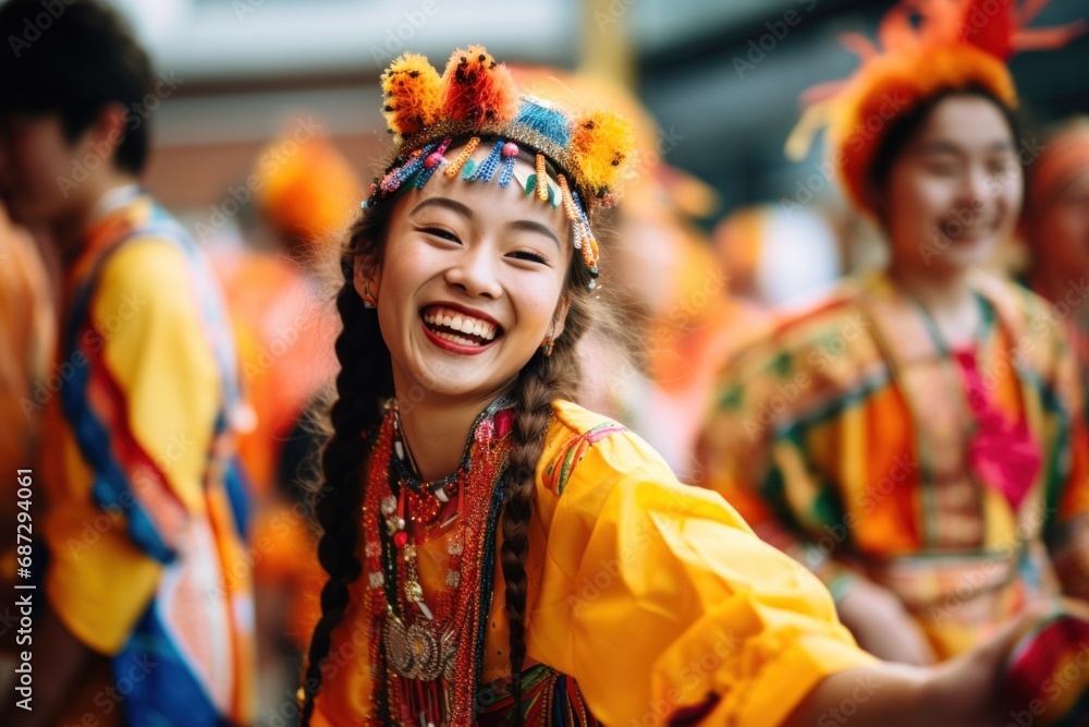 Woman in traditional costume dancing and laughing. Cultural exchange ...