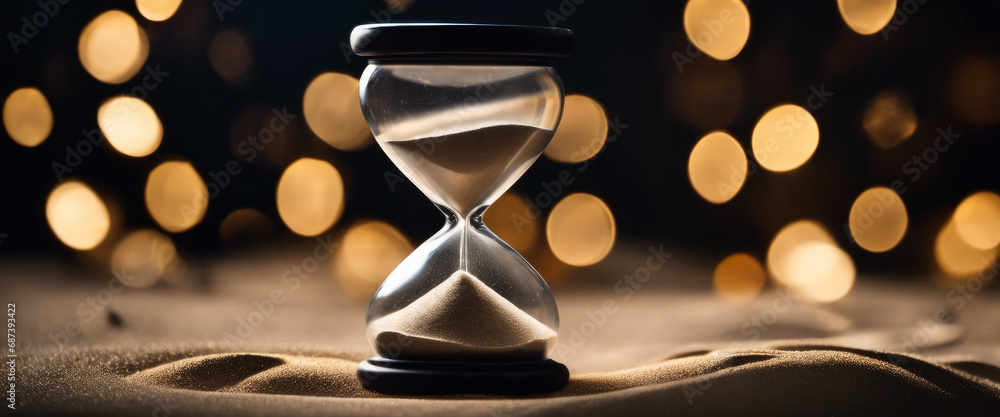 Hourglass on a sandy surface with a bokeh background. The hourglass has ...