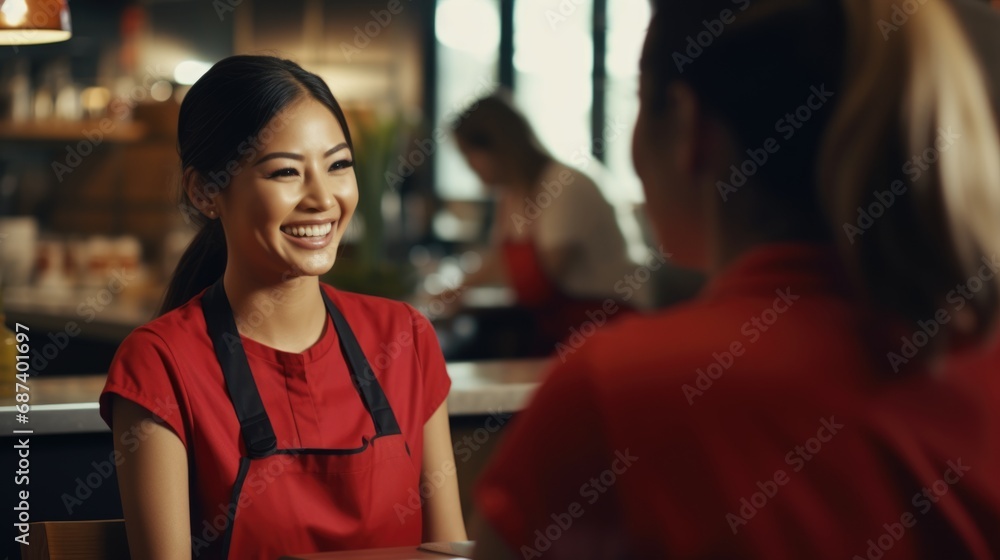 Photo Stock profile view of a hostess in a red apron cleaning a table ...