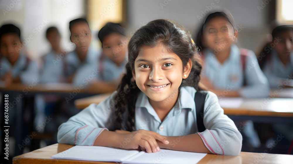 Portrait photo of a 11 year old indian girl in a modern classroom ...