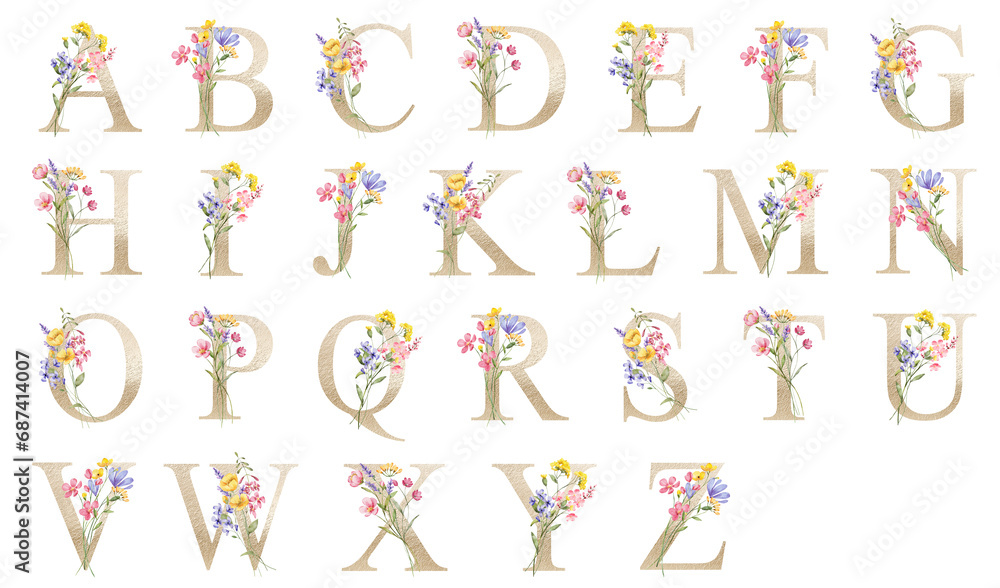 Gold letters set, floral alphabet with watercolor flowers and leaf ...