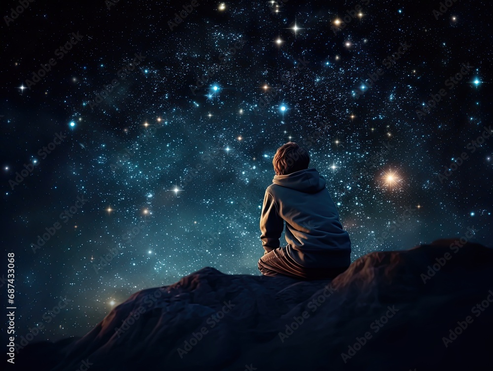 Macro photography of a lonely young man male guy astronomer looking at ...