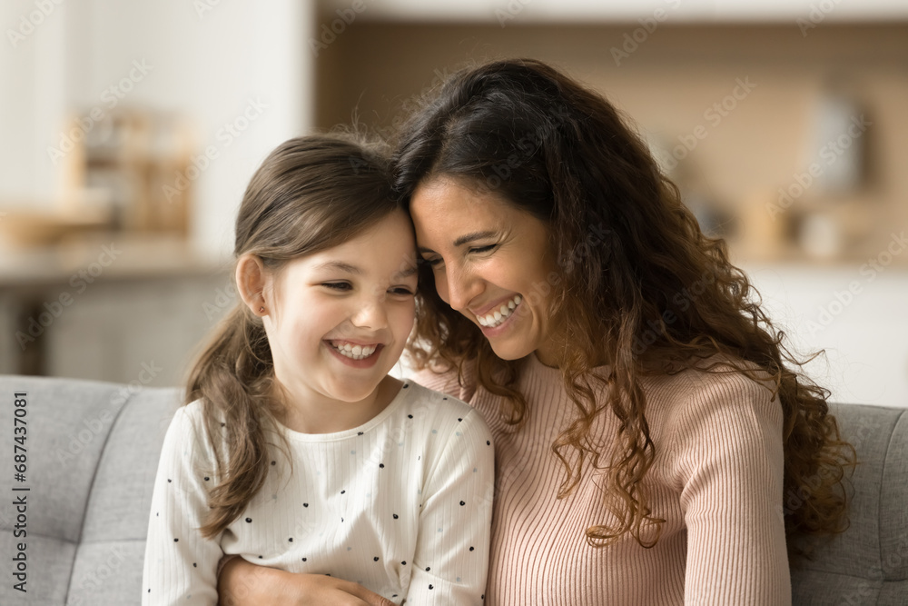 Positive pretty mom and adorable daughter kid talking, laughing ...