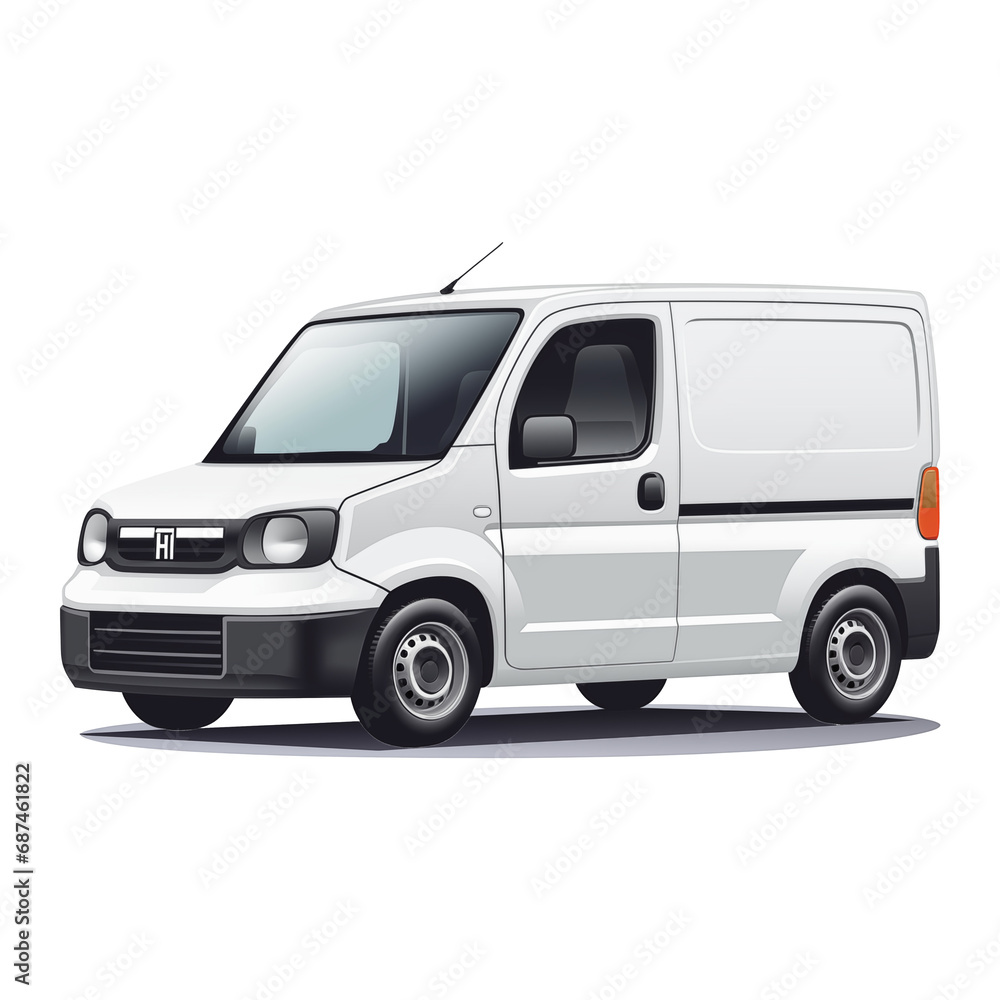Compact white utility van with side paneling, depicted on a transparent ...