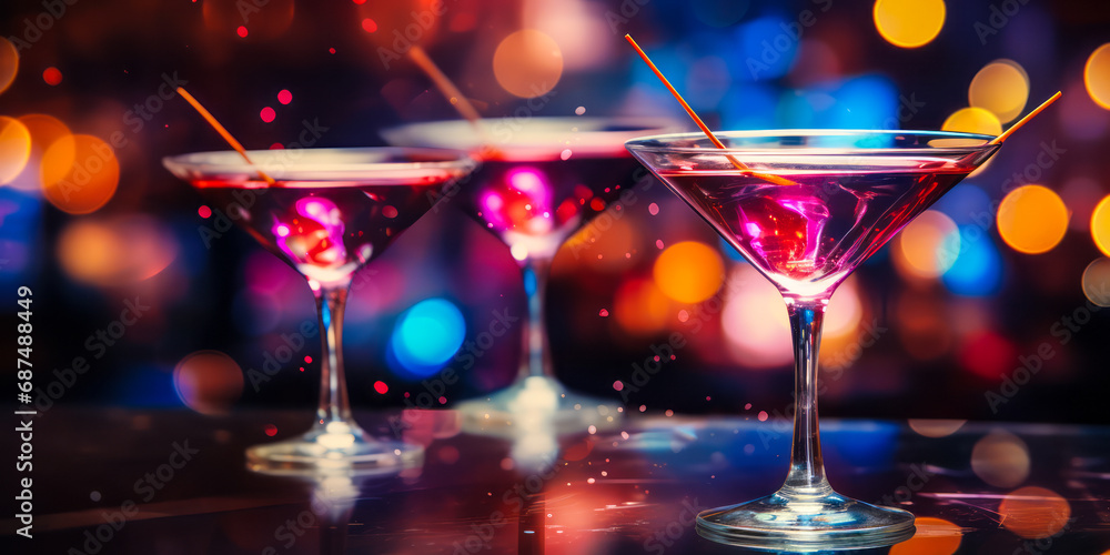 Elegant martini glasses with vibrant neon light reflections and swirling liquid, set against a ...