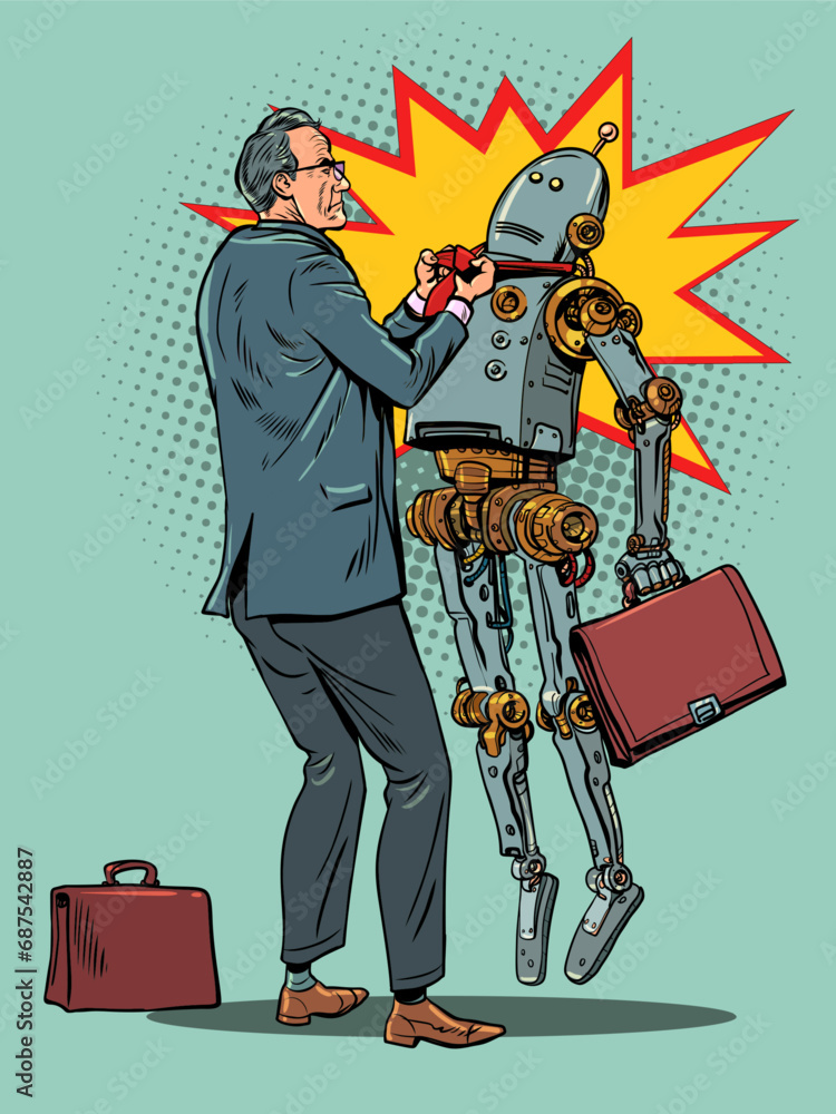 The office worker is dissatisfied with the work of the robot. Protest ...