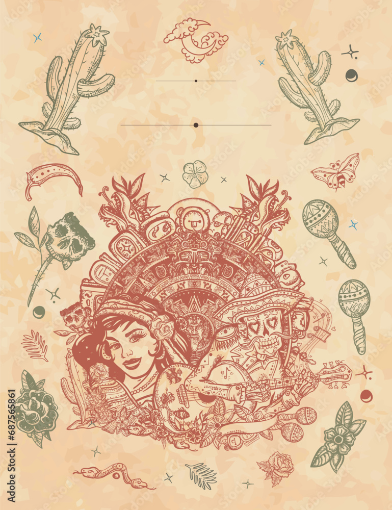 Mexico. Aztec and Mayan vertical background. Mexican latin woman in ...