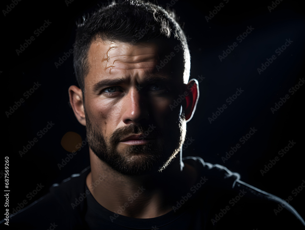 The Weight of Shadows: A hardened man with piercing blue eyes and ...